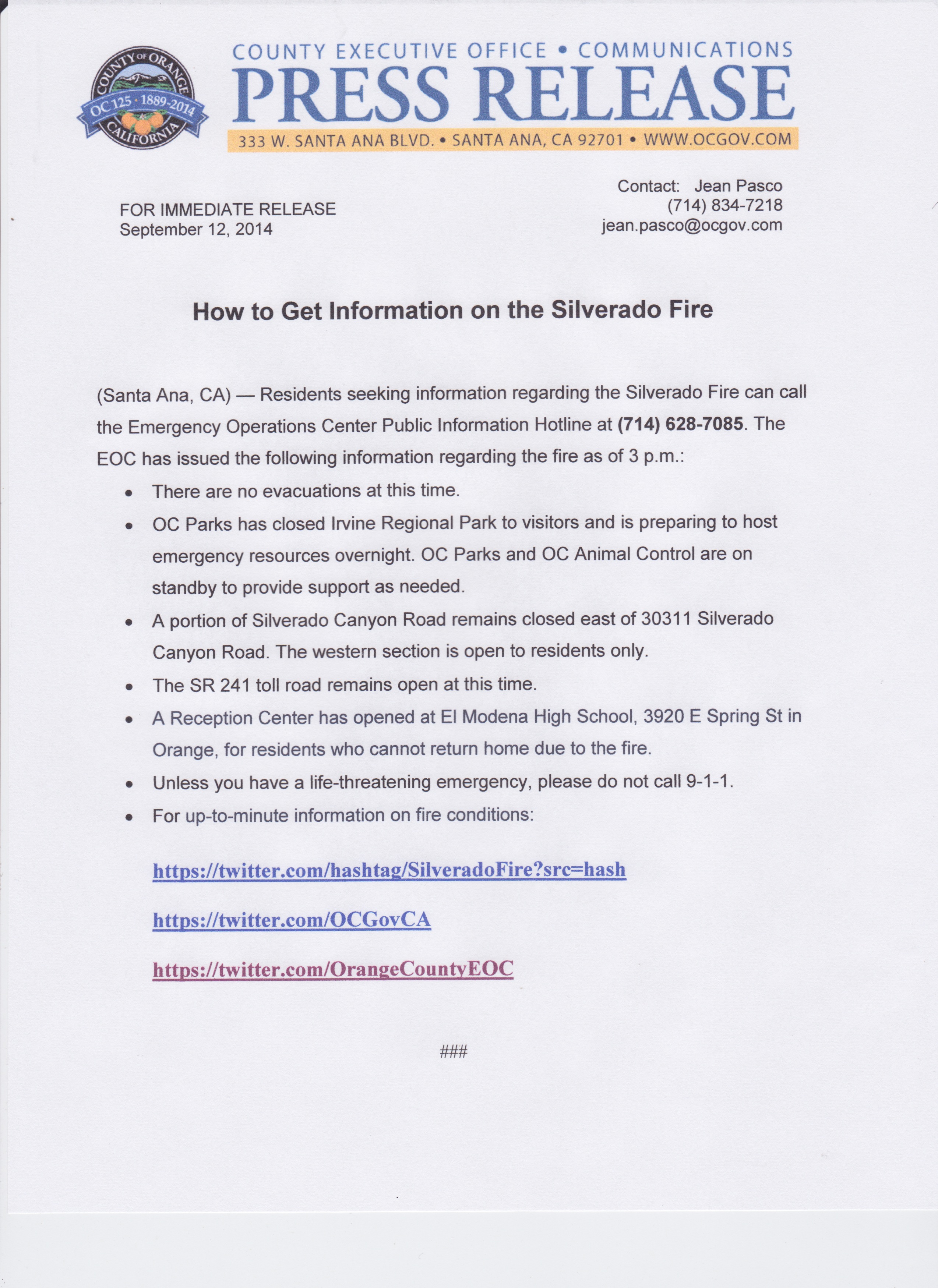 The County of Orange Press Release on How to Get Information on the ...